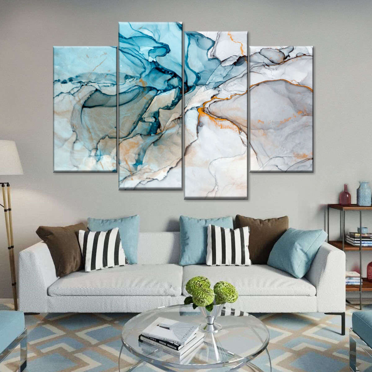 Wrought Studio™ Abstract Blue Liquid Marble Abstract Wall Art On Canvas 4 Pieces Print | Wayfair